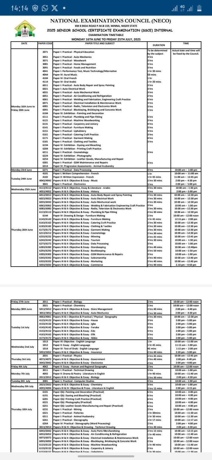 NECO Timetable 2026 for School (Internal) Candidates PDF Download ...